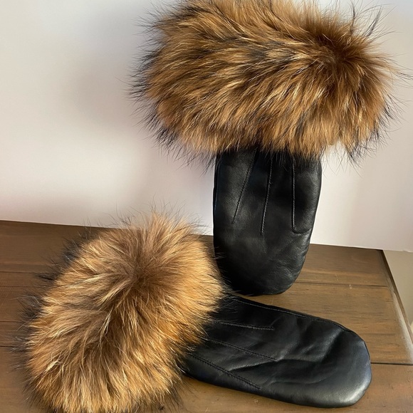 Accessories | Genuine Leather Raccoon Skin Fur Mittens Lined Black ...